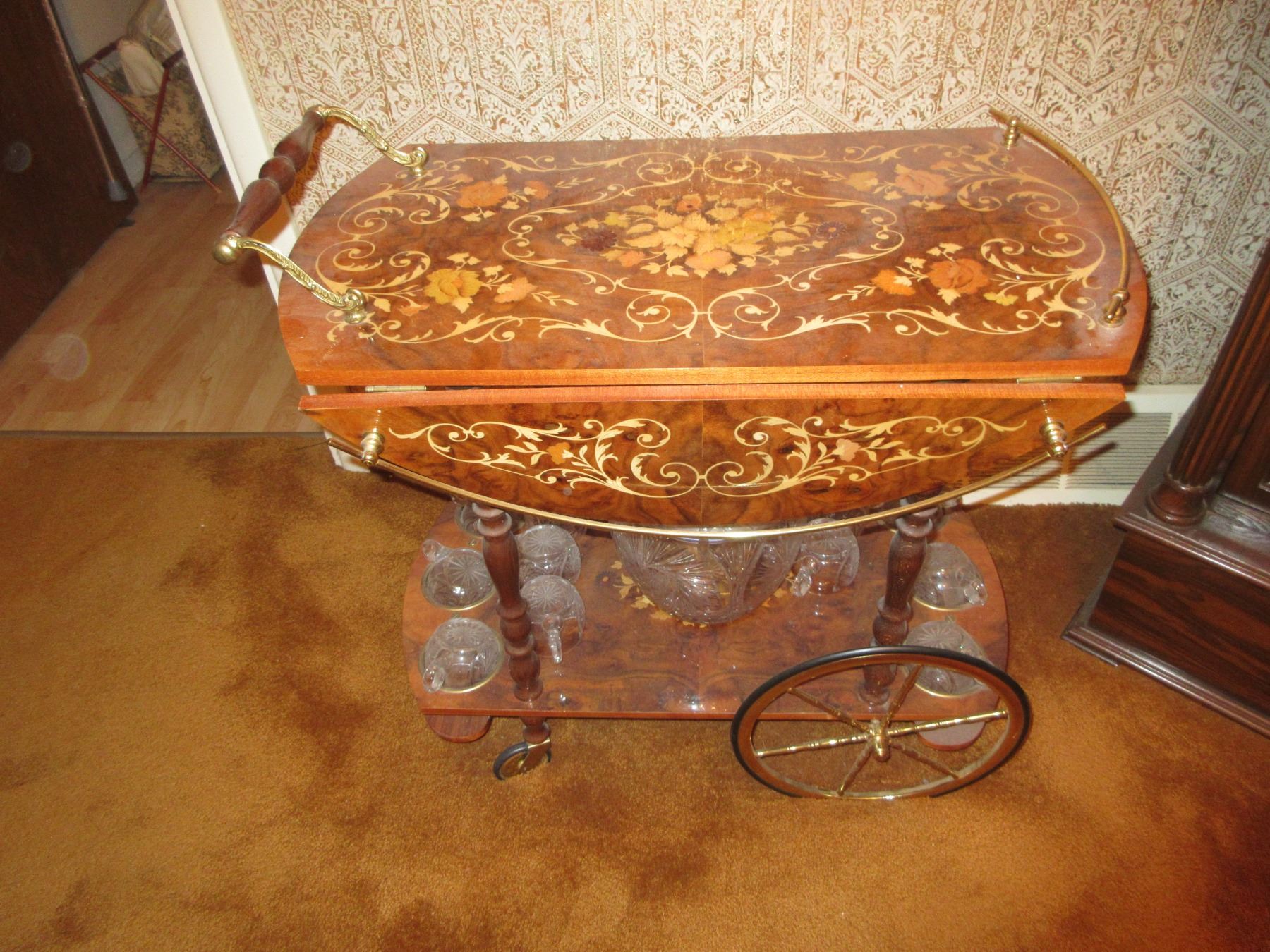 FRONT ENTRY: BRASS & WOOD INLAY TEA CART (APPROX. 29" X 29")