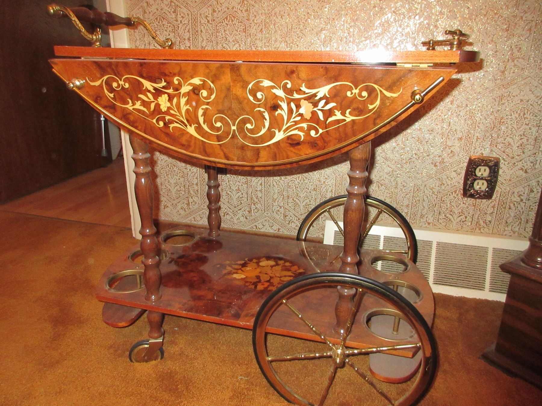 FRONT ENTRY: BRASS & WOOD INLAY TEA CART (APPROX. 29" X 29")