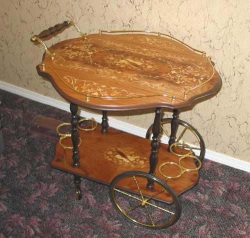 Italian tea cart in brass & inlaid wood w/2 drop leaves & rubber tyred ...