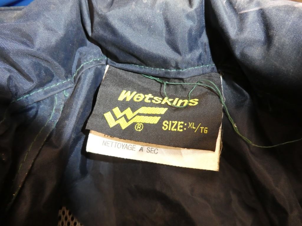 Wetskins XL rain suit, steel toe rubber boots sz