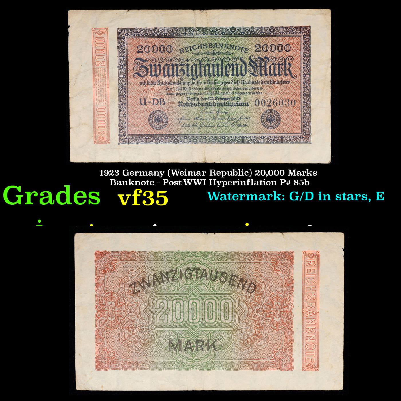 1923 Germany (Weimar Republic) 20,000 Marks Banknote - Post-WWI ...