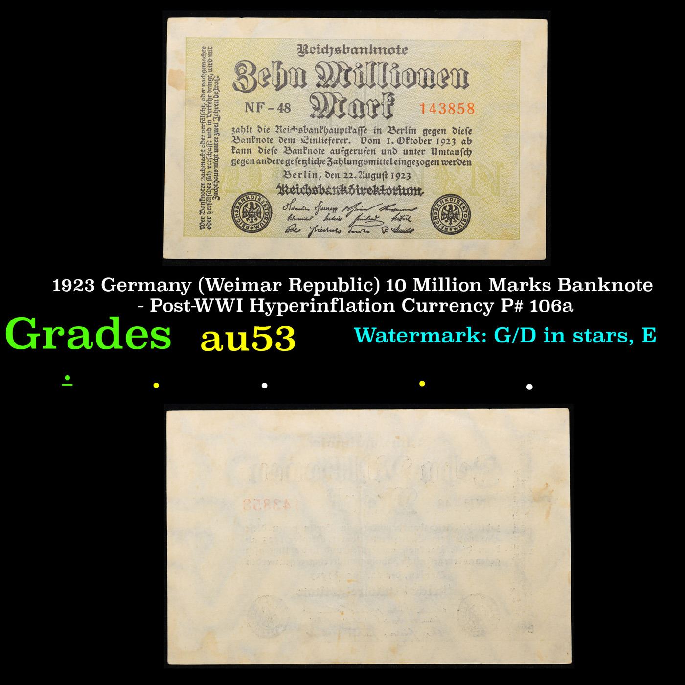 1923 Germany (Weimar Republic) 10 Million Marks Banknote - Post-WWI ...