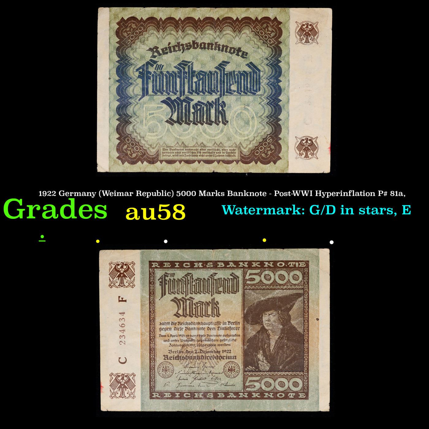 1922 Germany (Weimar Republic) 5000 Marks Banknote - Post-WWI ...