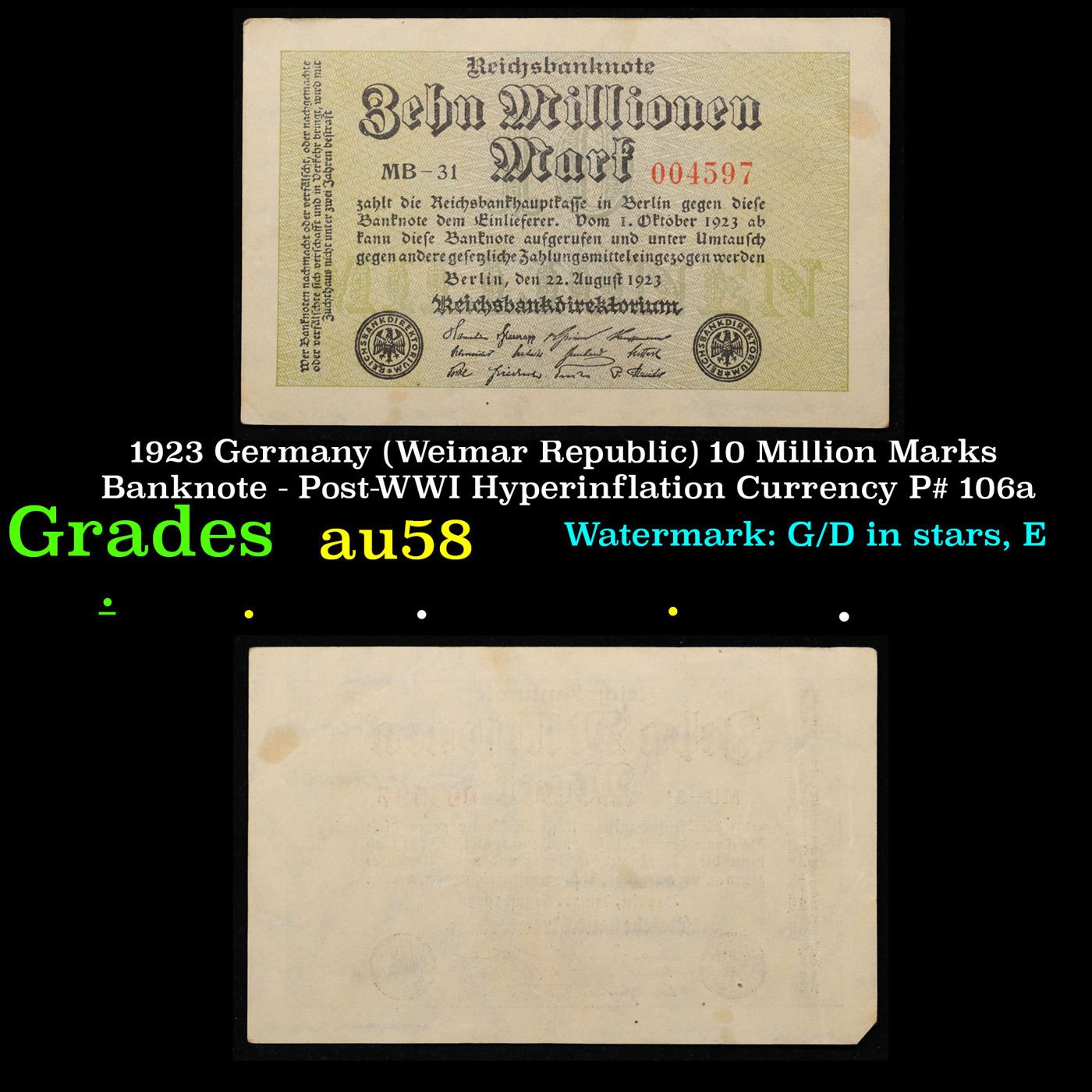1923 Germany (Weimar Republic) 10 Million Marks Banknote - Post-WWI ...
