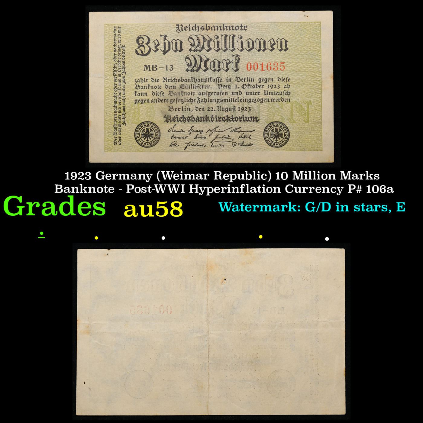 1923 Germany (Weimar Republic) 10 Million Marks Banknote - Post-WWI ...