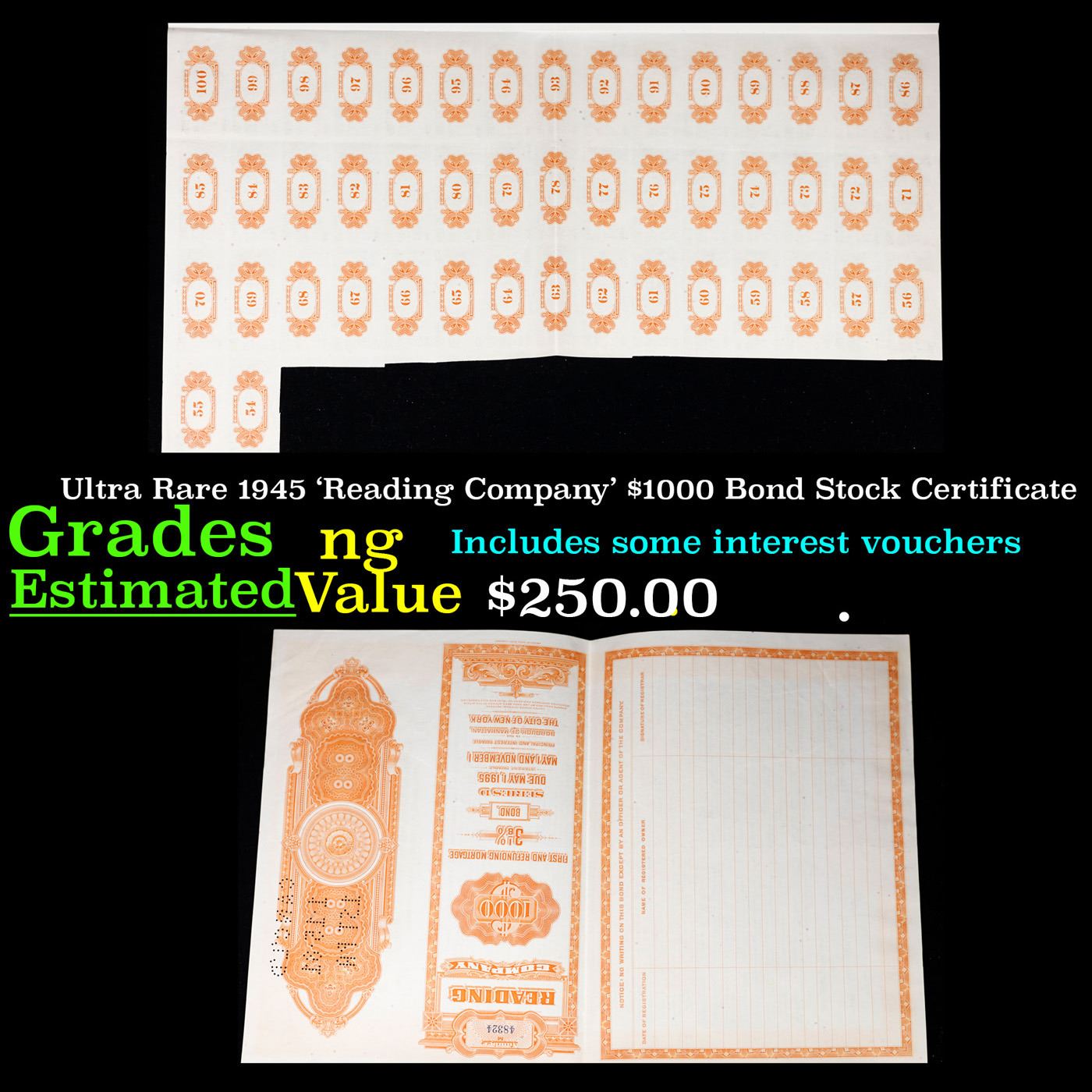 Ultra Rare 1945 'Reading Company' $1000 Bond Stock Certificate