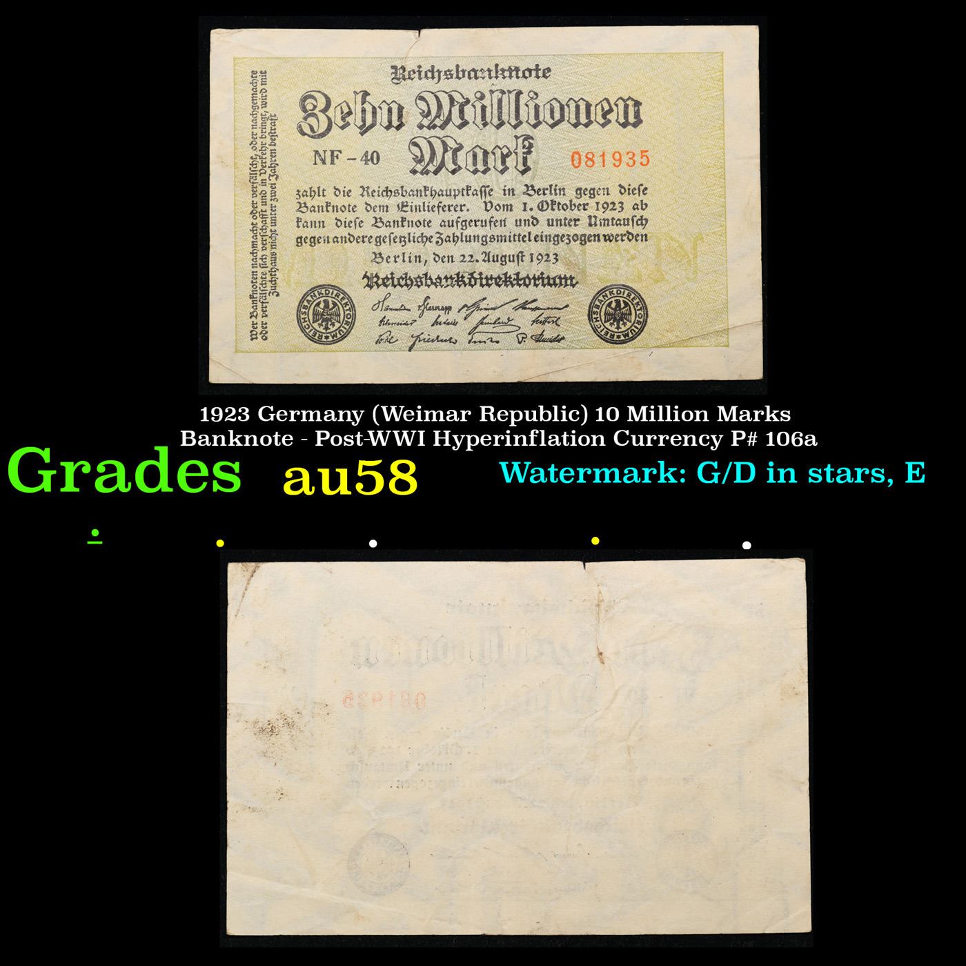 1923 Germany (Weimar Republic) 10 Million Marks Banknote - Post-WWI ...