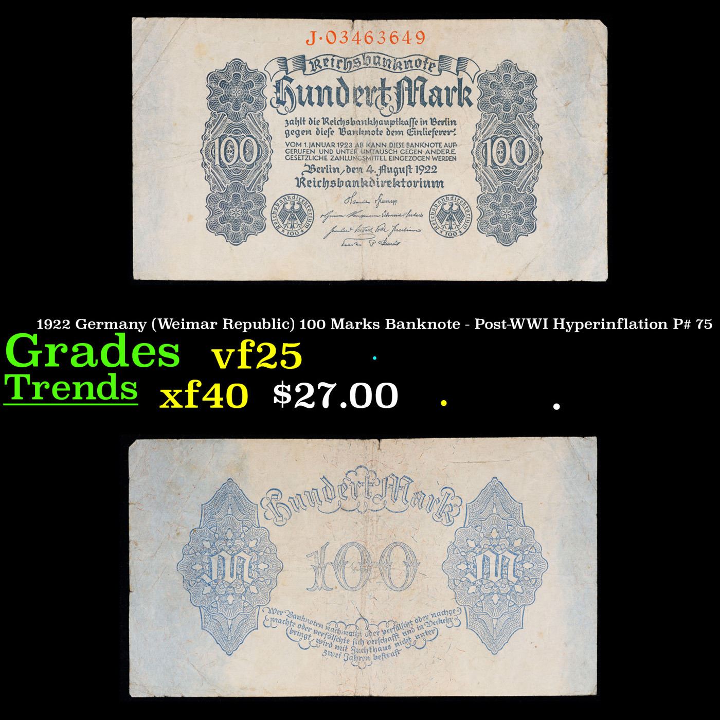 1922 Germany (Weimar Republic) 100 Marks Banknote - Post-WWI ...