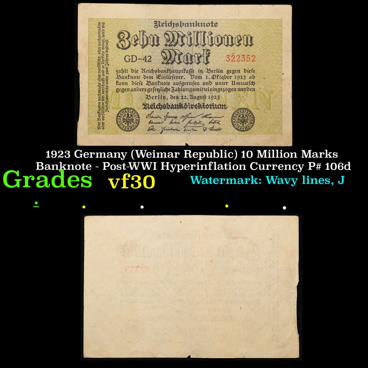 1923 Germany (Weimar Republic) 10 Million Marks Banknote - Post-WWI ...