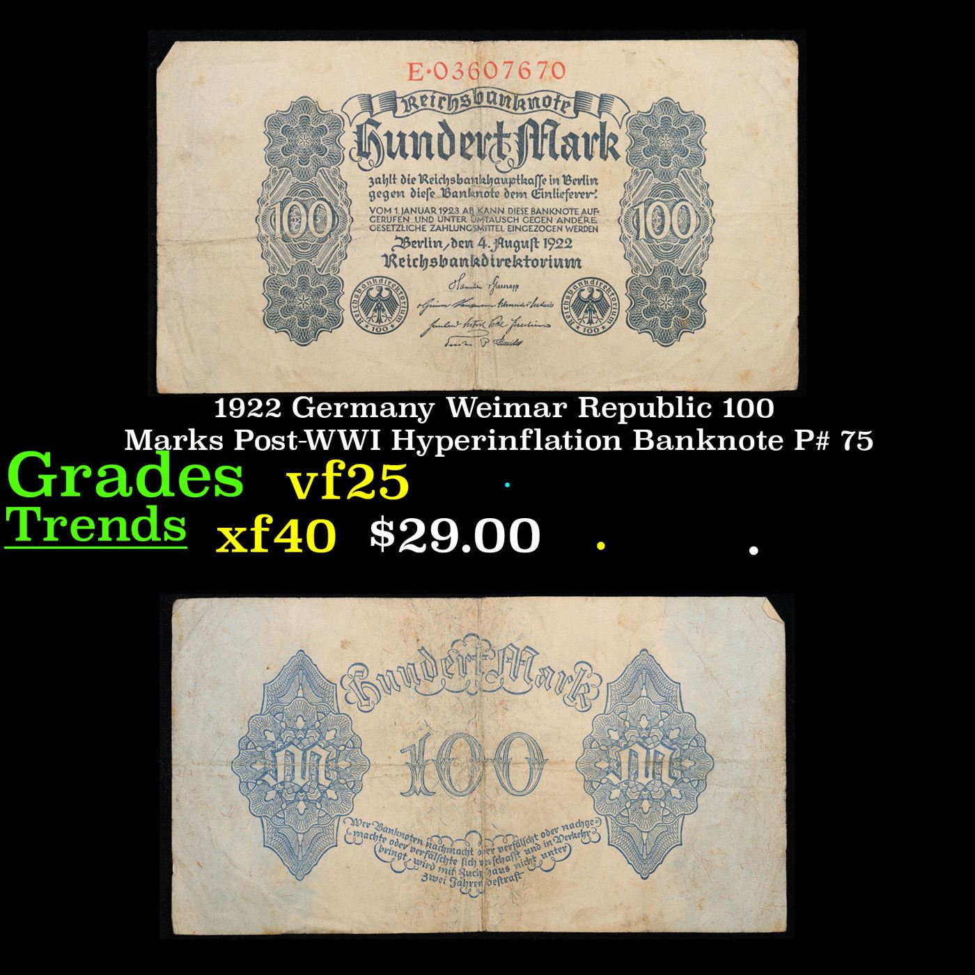 1922 Germany Weimar Republic 100 Marks Post-WWI Hyperinflation Banknote ...