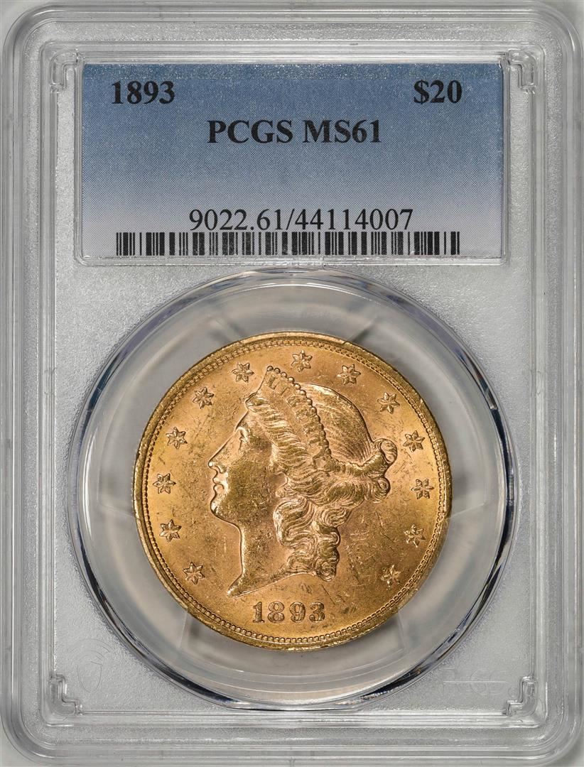 1893 $20 Liberty Head Double Eagle Gold Coin PCGS MS61