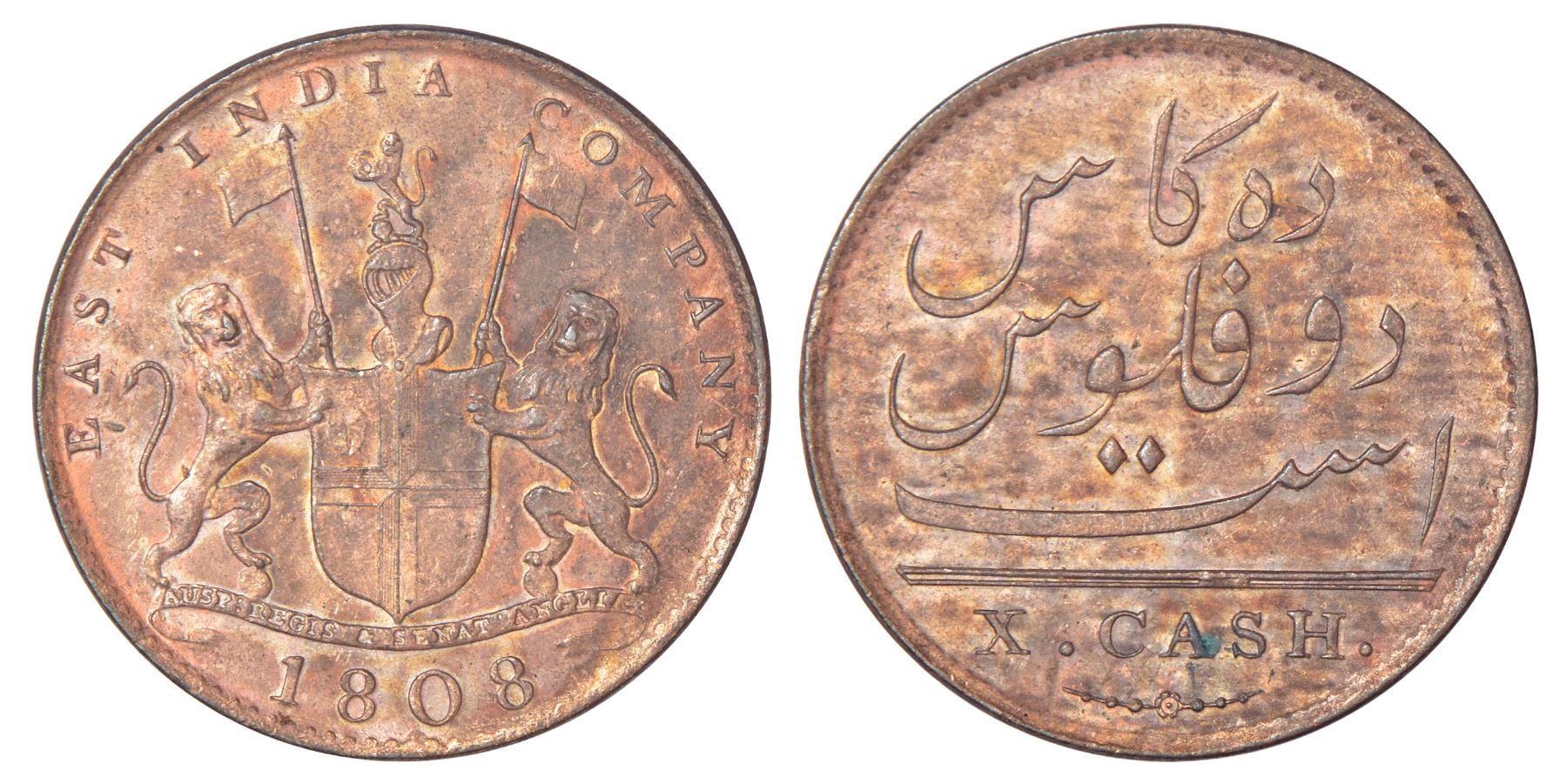 Madras Presidency, Soho mint, copper 10 cash, 4.57g, AD 1808. Obv: East ...