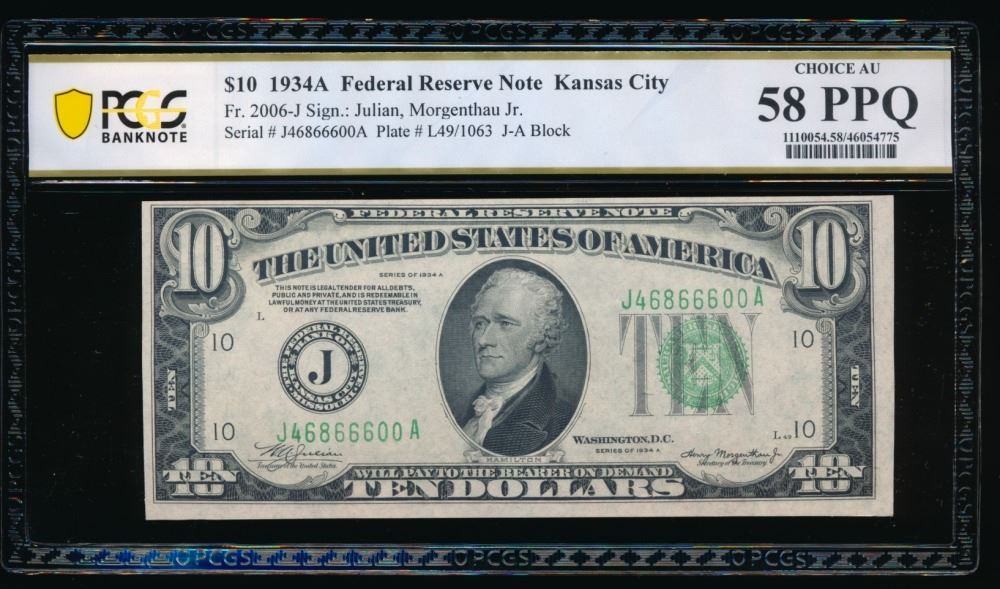 1934A $10 Kansas City FRN PCGS 58PPQ