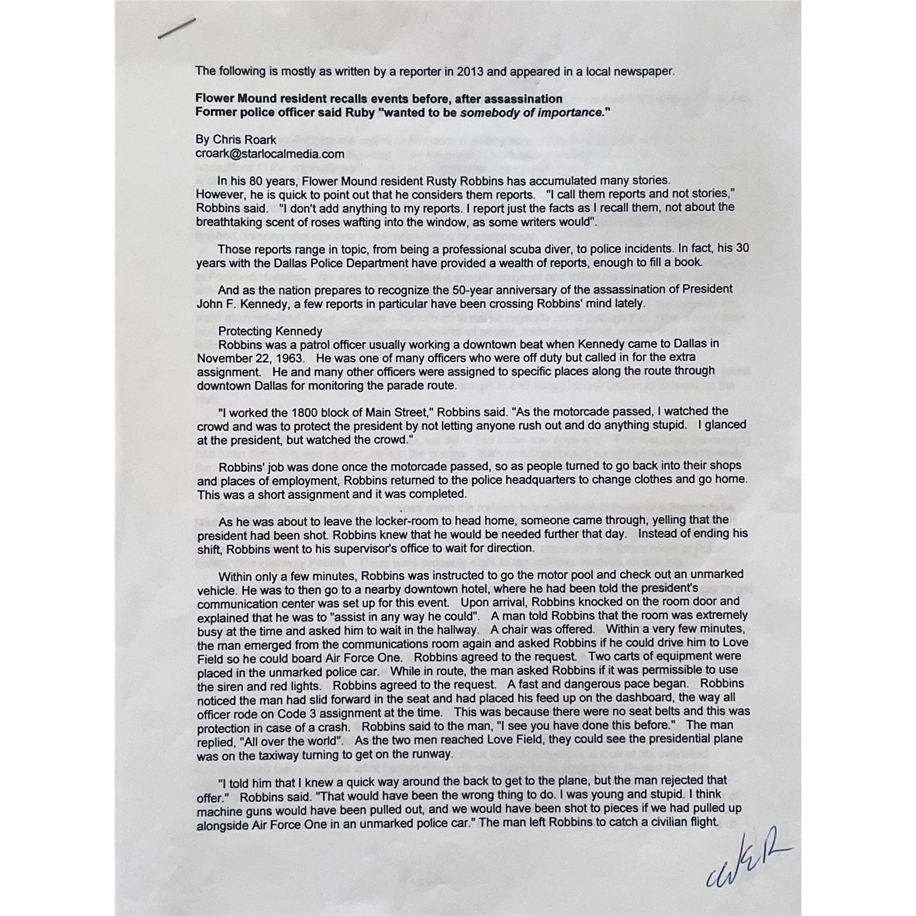 JFK Assassination Officer Rusty Robbins newspaper report