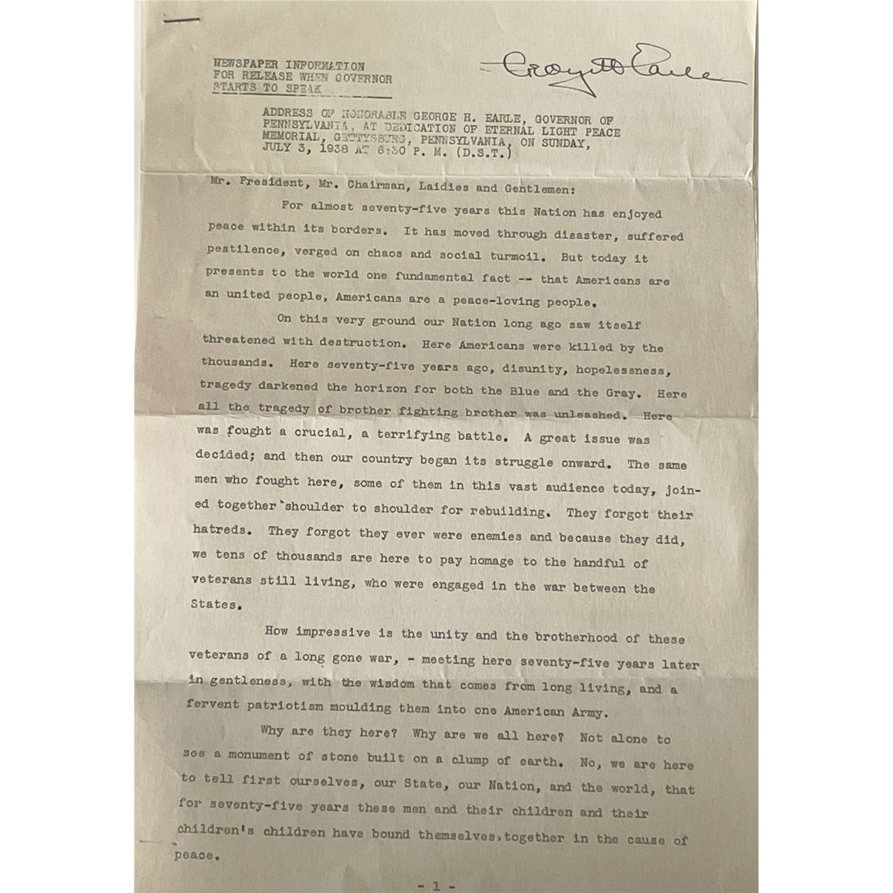 Gov. of Pennsylvania George H. Earle signed letter
