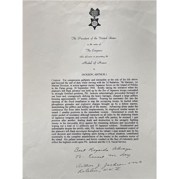 WWII Arthur J. Jackson signed Medal of Honor citation
