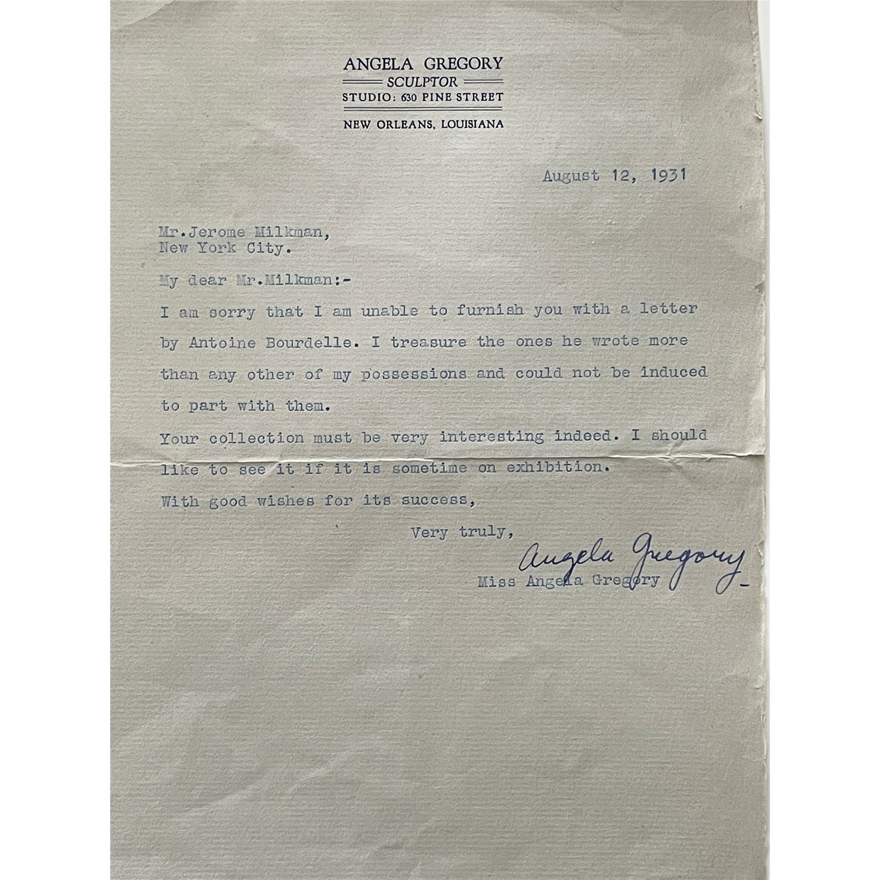Sculptor Angela Gregory signed 1931 letter