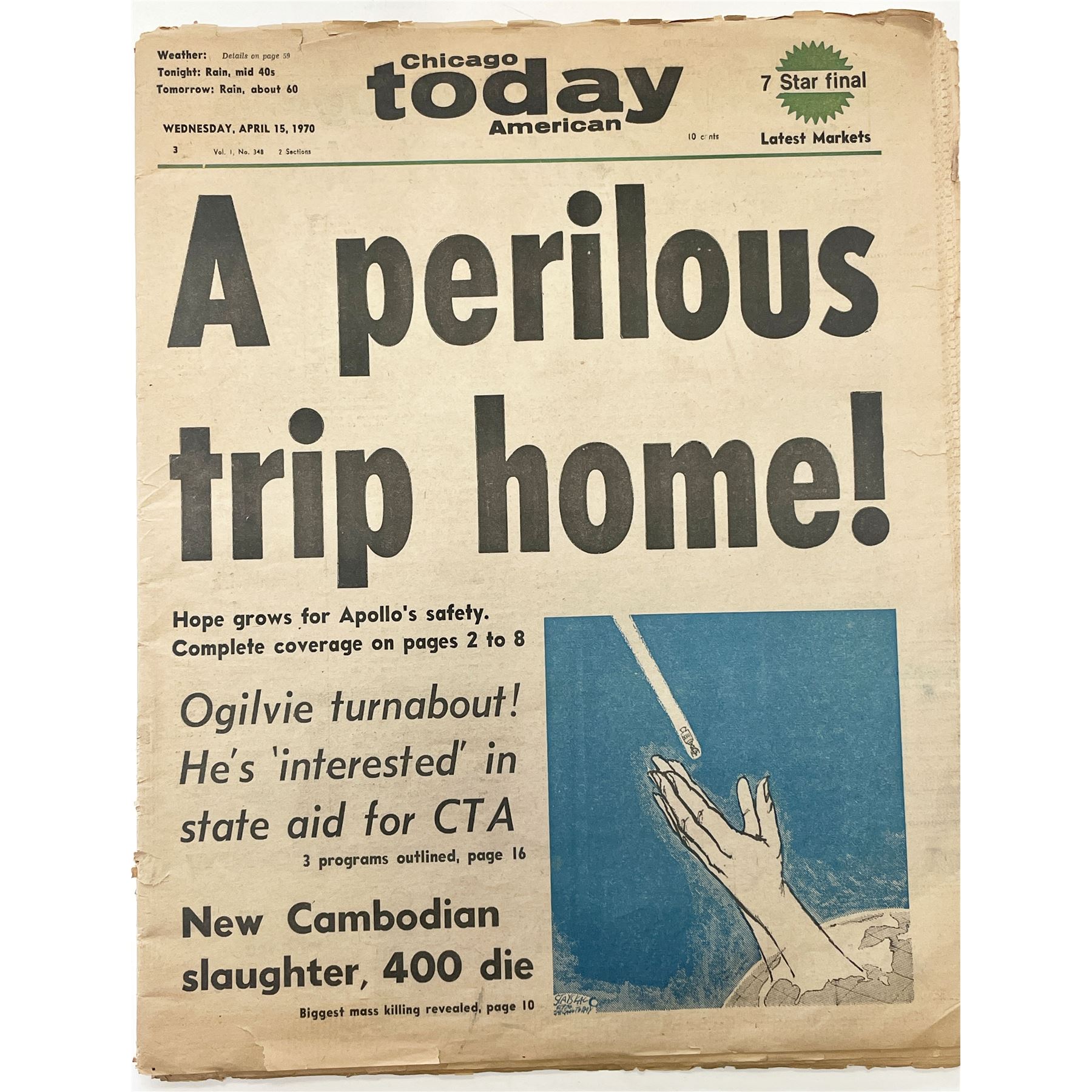1970 The Chicago American Original Vintage Newspaper - Apollo 13
