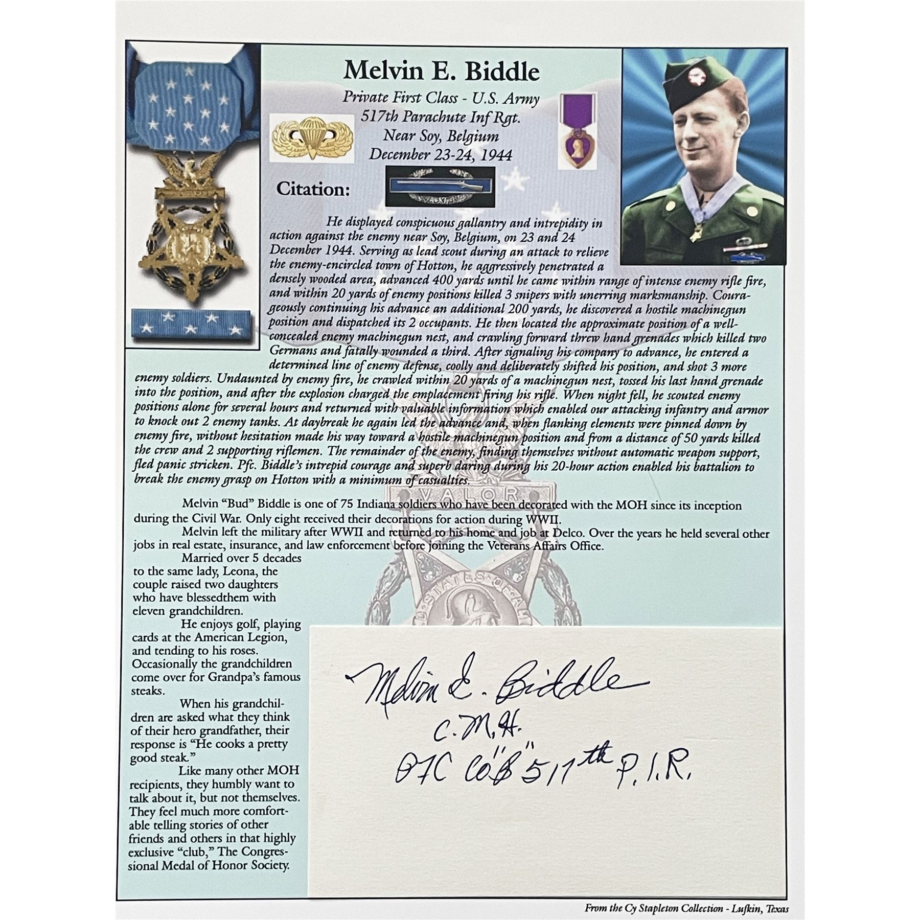 WWII Melvin E. Biddle signed Medal of Honor citation sheet