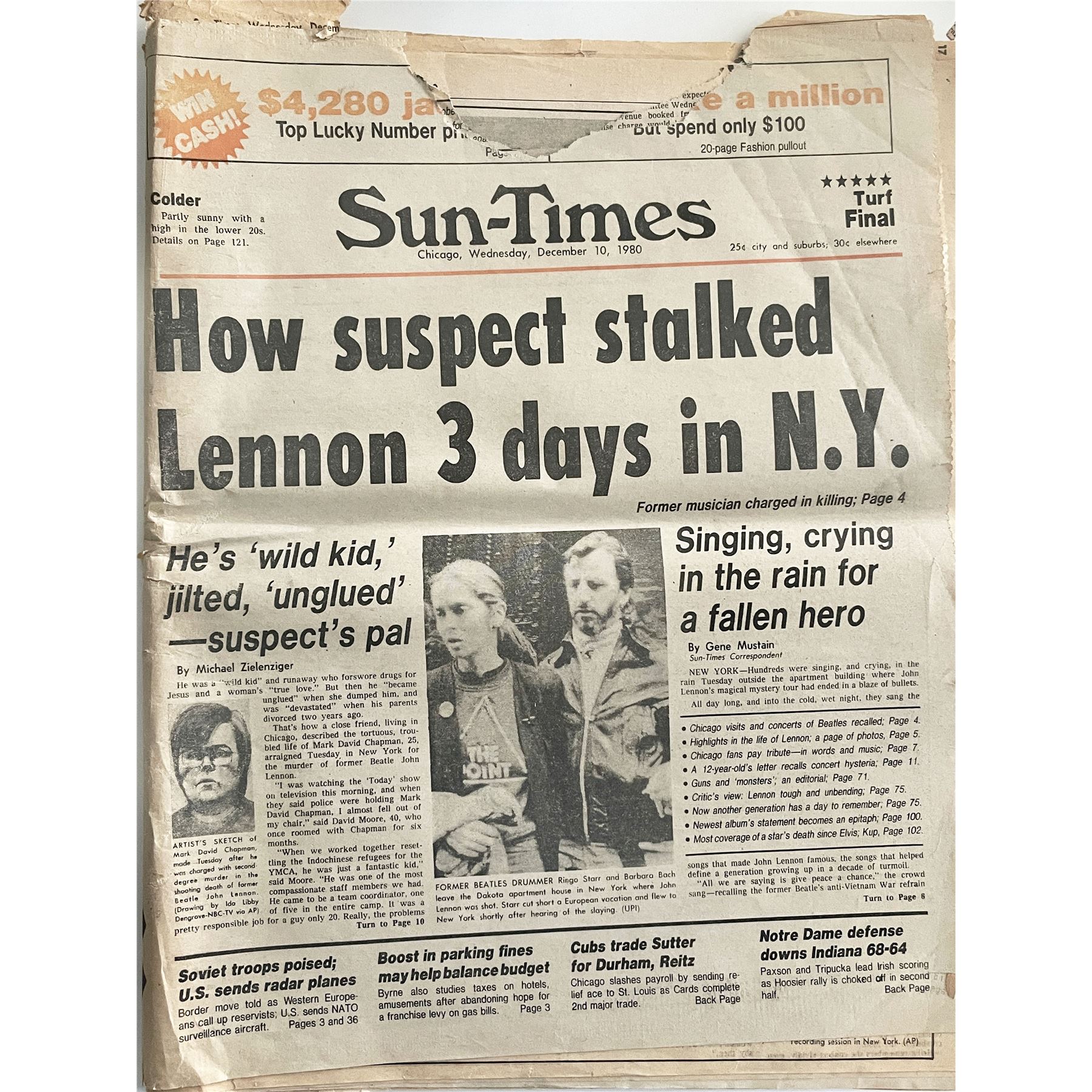 1980 Sun-Times John Lennon Murder Original Vintage Newspaper