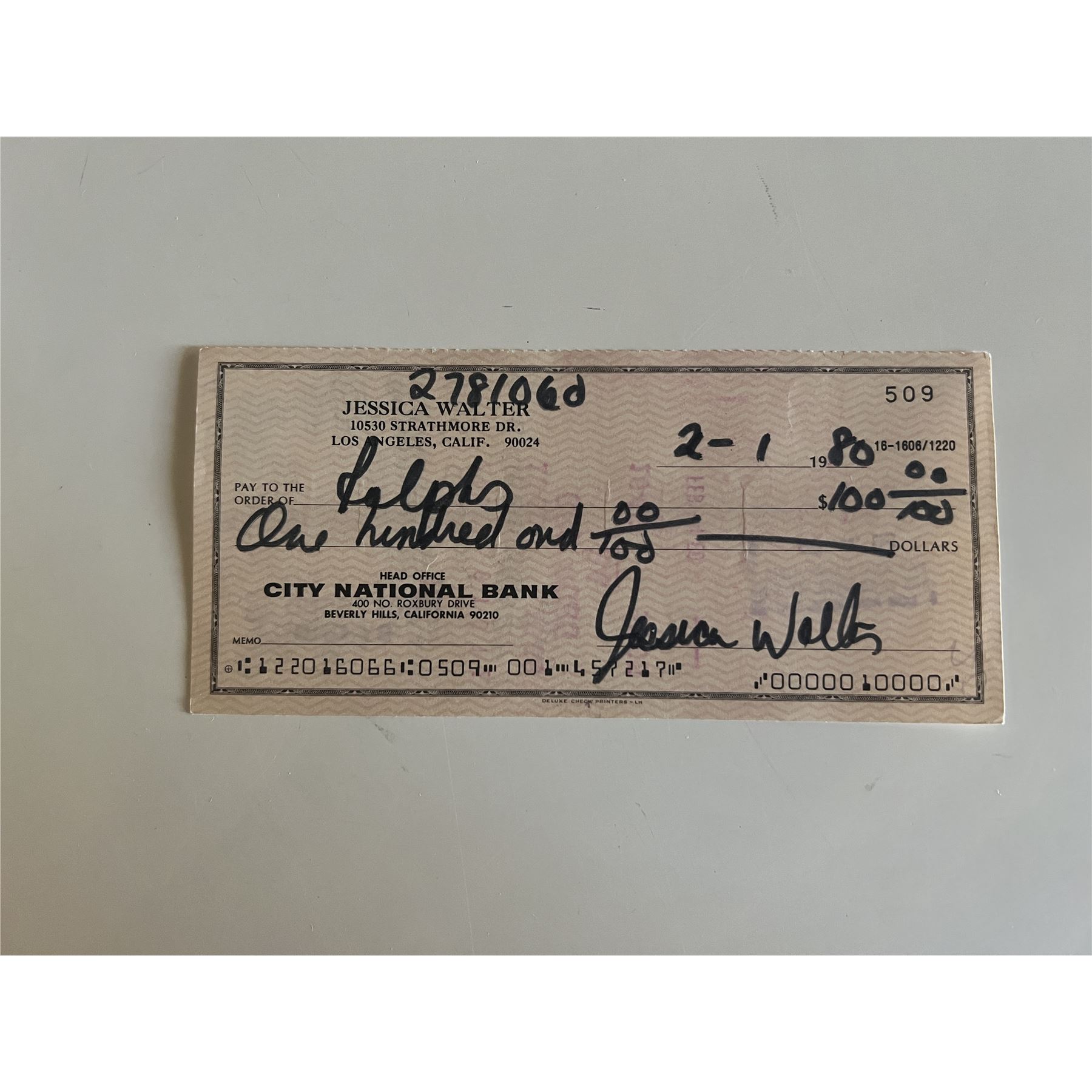 Jessica Walter signed check