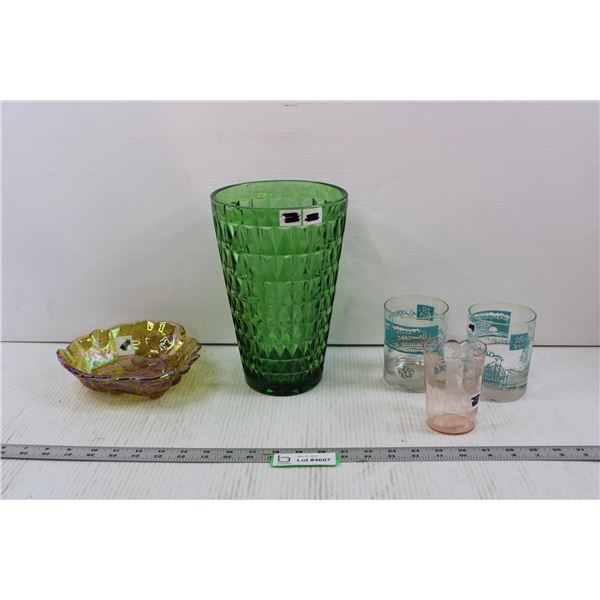 Large Green Vase Candy Dish And 3 Assorted Glasses Bodnarus