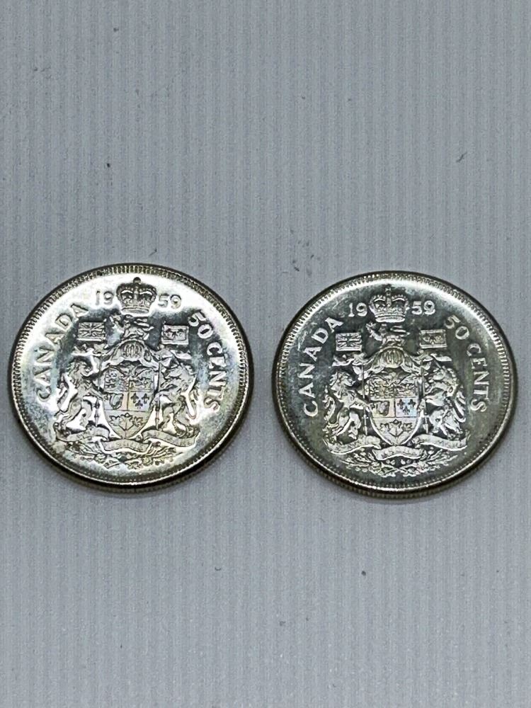 TWO 1959 CANADIAN SILVER 50 CENT COINS