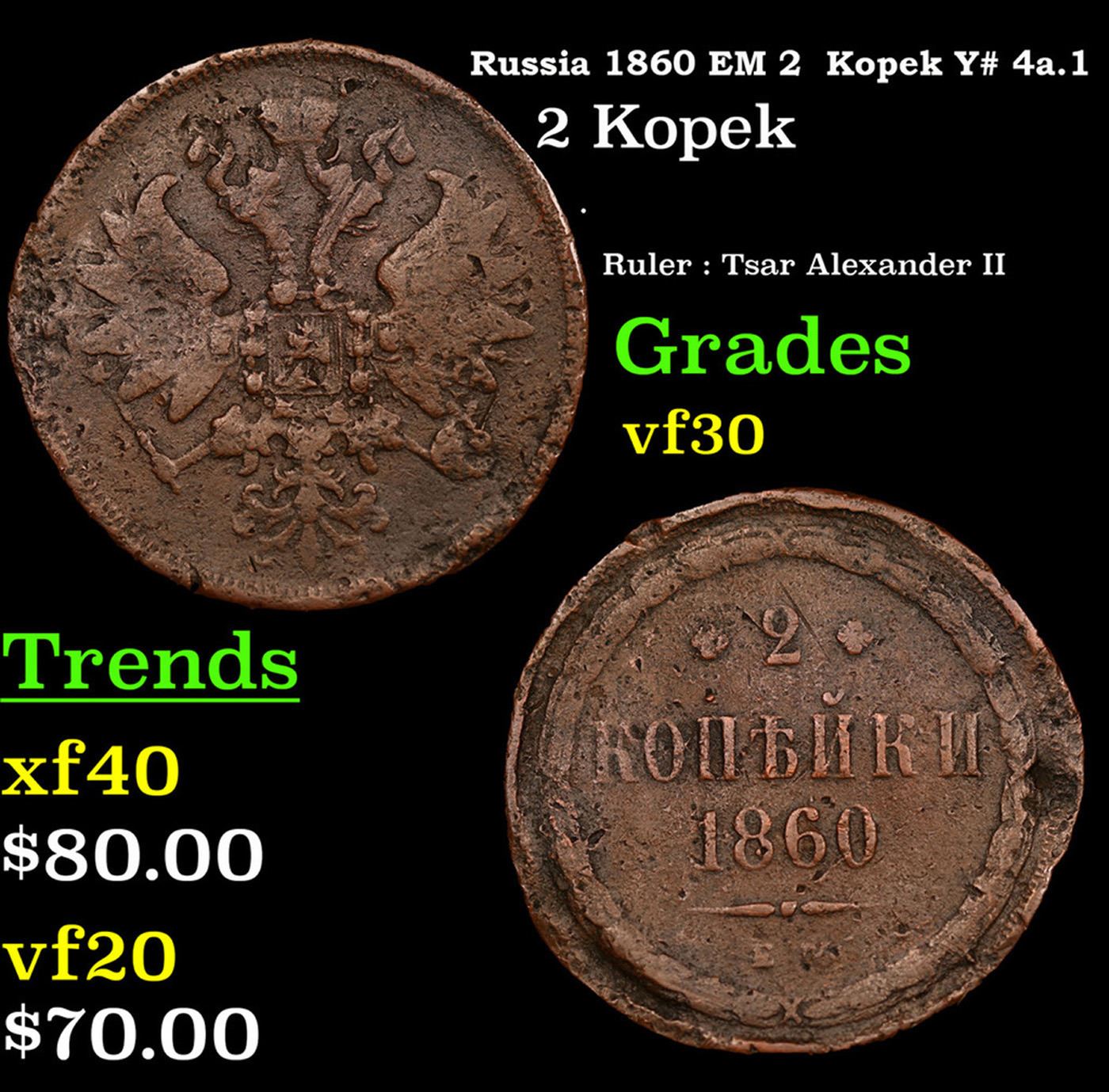 Russia 1860 E? 2 Kopek Y# 4a.1 Grades vf++
