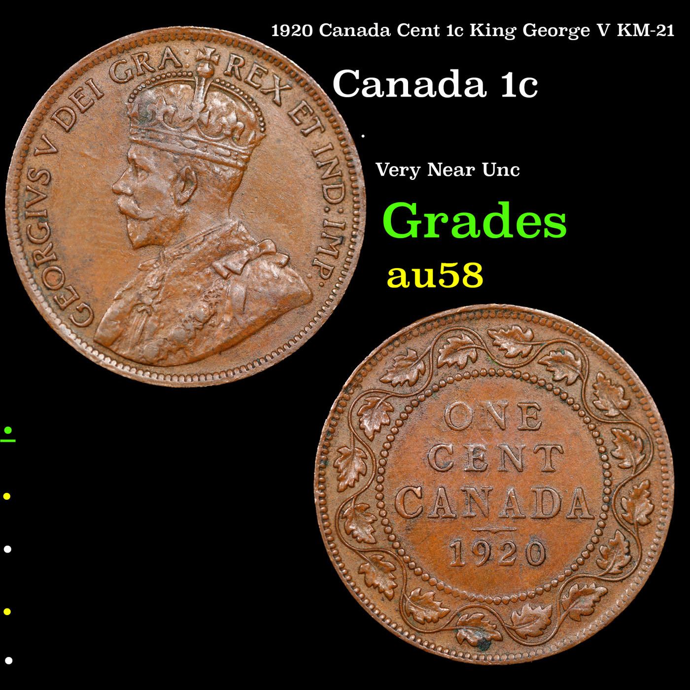 1920 Canada Cent 1c King George V KM-21 Grades Choice AU/BU Slider