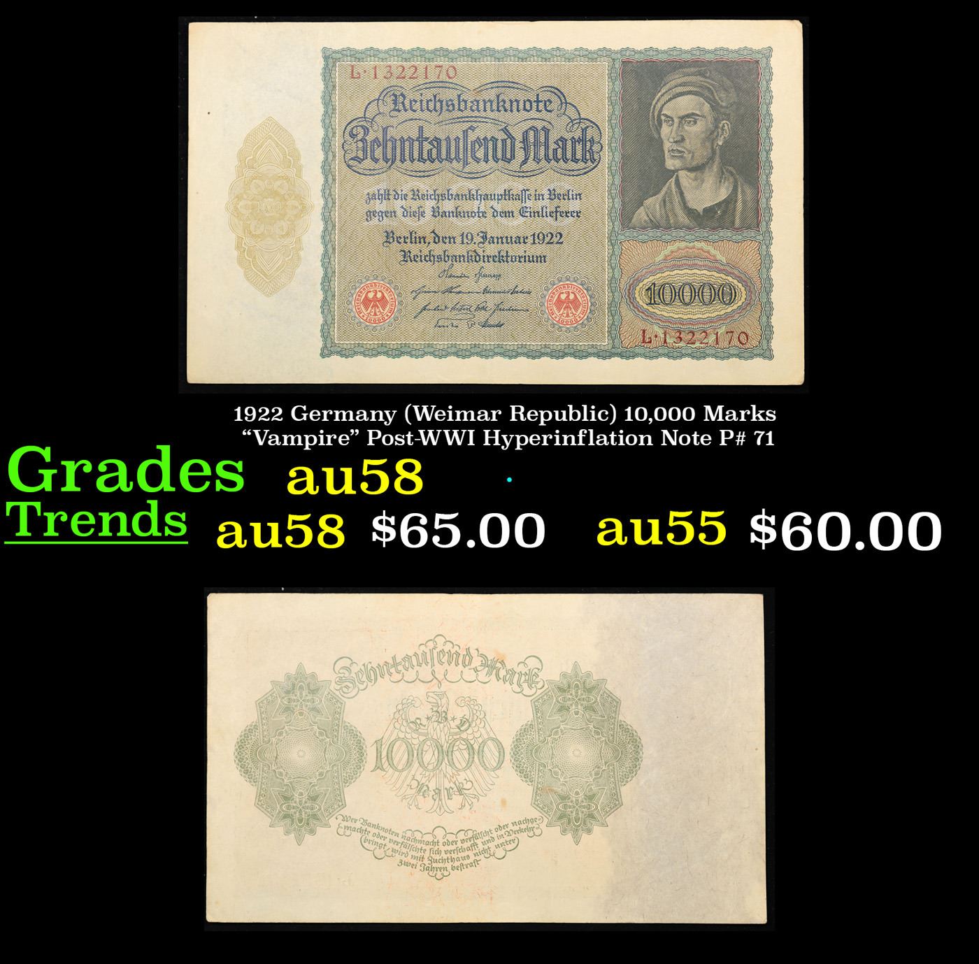 1922 Germany (Weimar Republic) 10,000 Marks "Vampire" Post-WWI ...