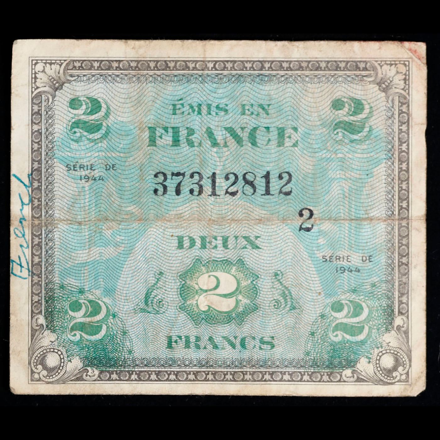 1944 France 2 Franc Note (WW2 Allied Currency) P# 114B Grades vf+