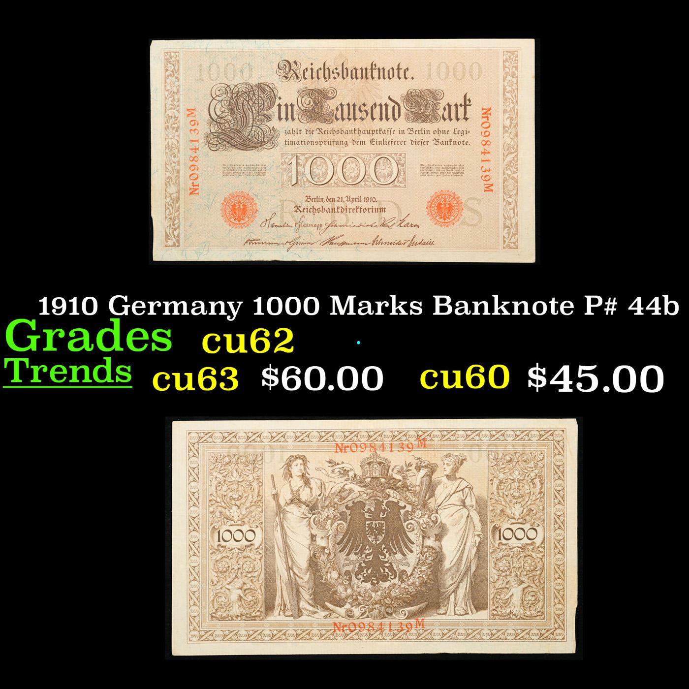 1910 Germany 1000 Marks Banknote P# 44b Grades Select CU