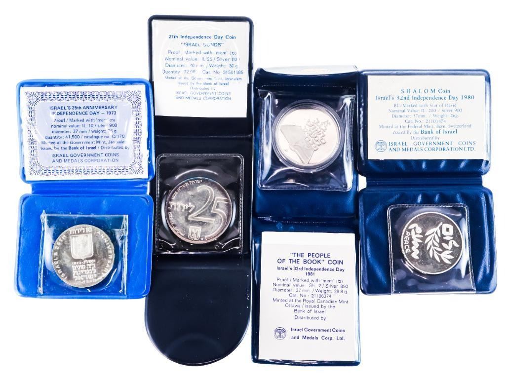 Group of 4 ISRAEL Silver Coins, 1970's -80's. .800-.900 Silver, 110 grams.