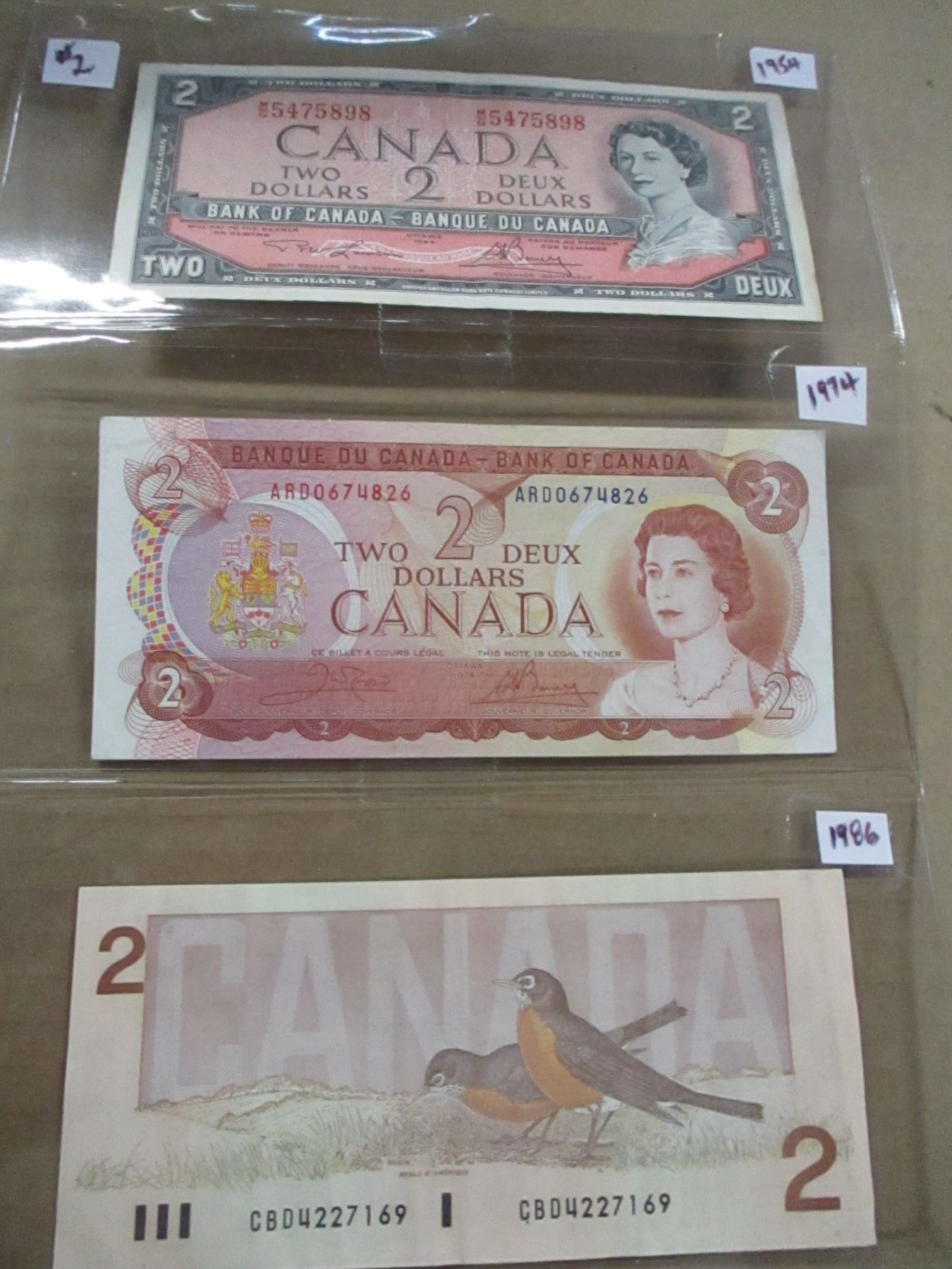 1954, 1974 & 1986 BIRD SERIES LAST OF CANADA $2 BILLS