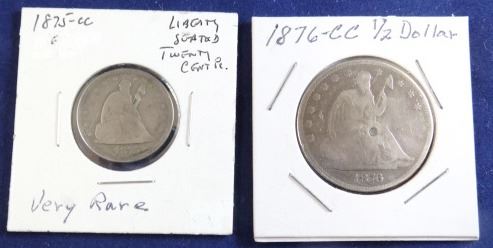 2 coins: 1875 CC twenty cent piece, rare & 1876 CC Seated Liberty ½ ...