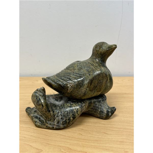 Unusual 2 Piece Soapstone Nesting Bird Carving Sculpture (6"W 5.5"T)