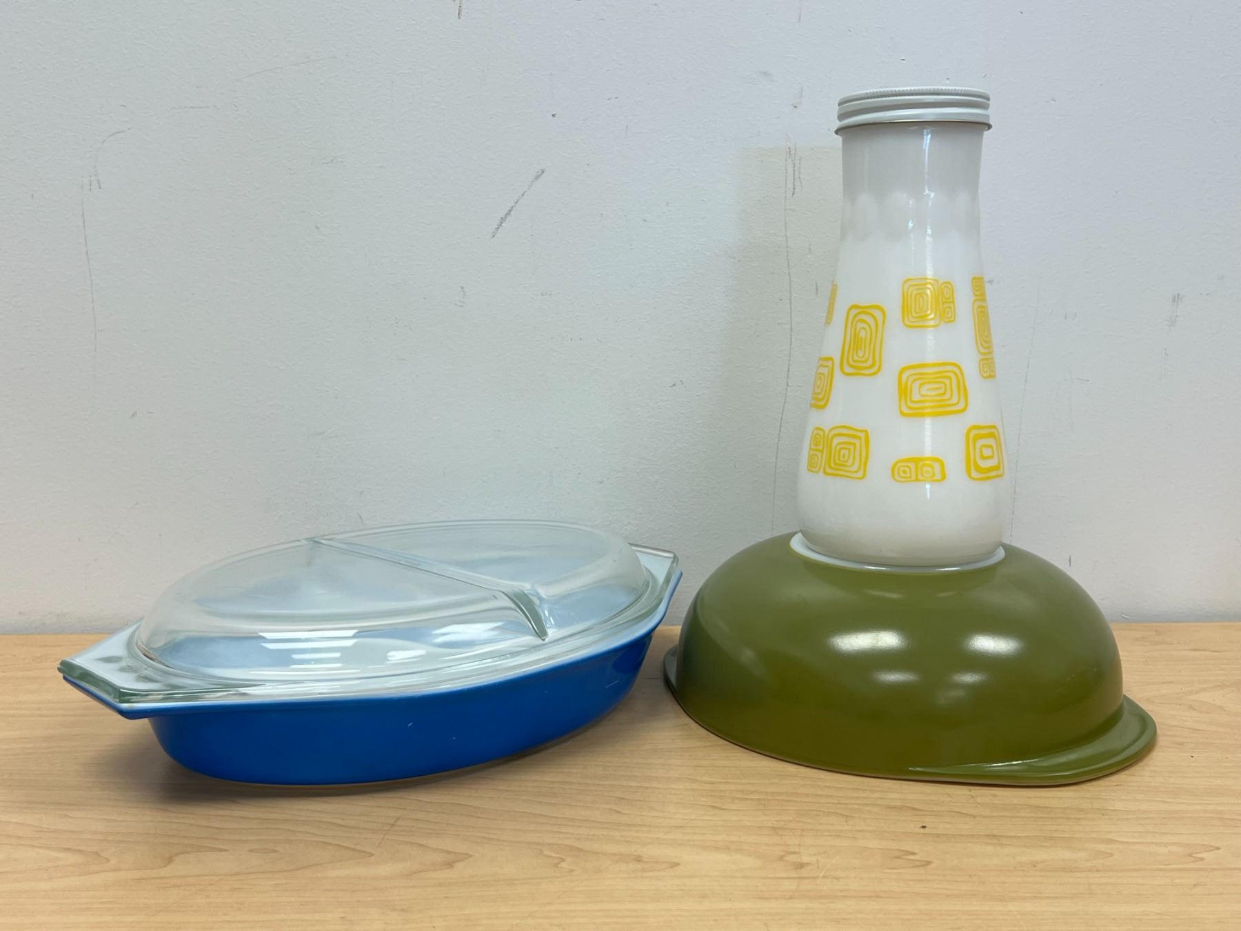 Vintage Pyrex Casseroles & 8.5" Milk Glass Bottle