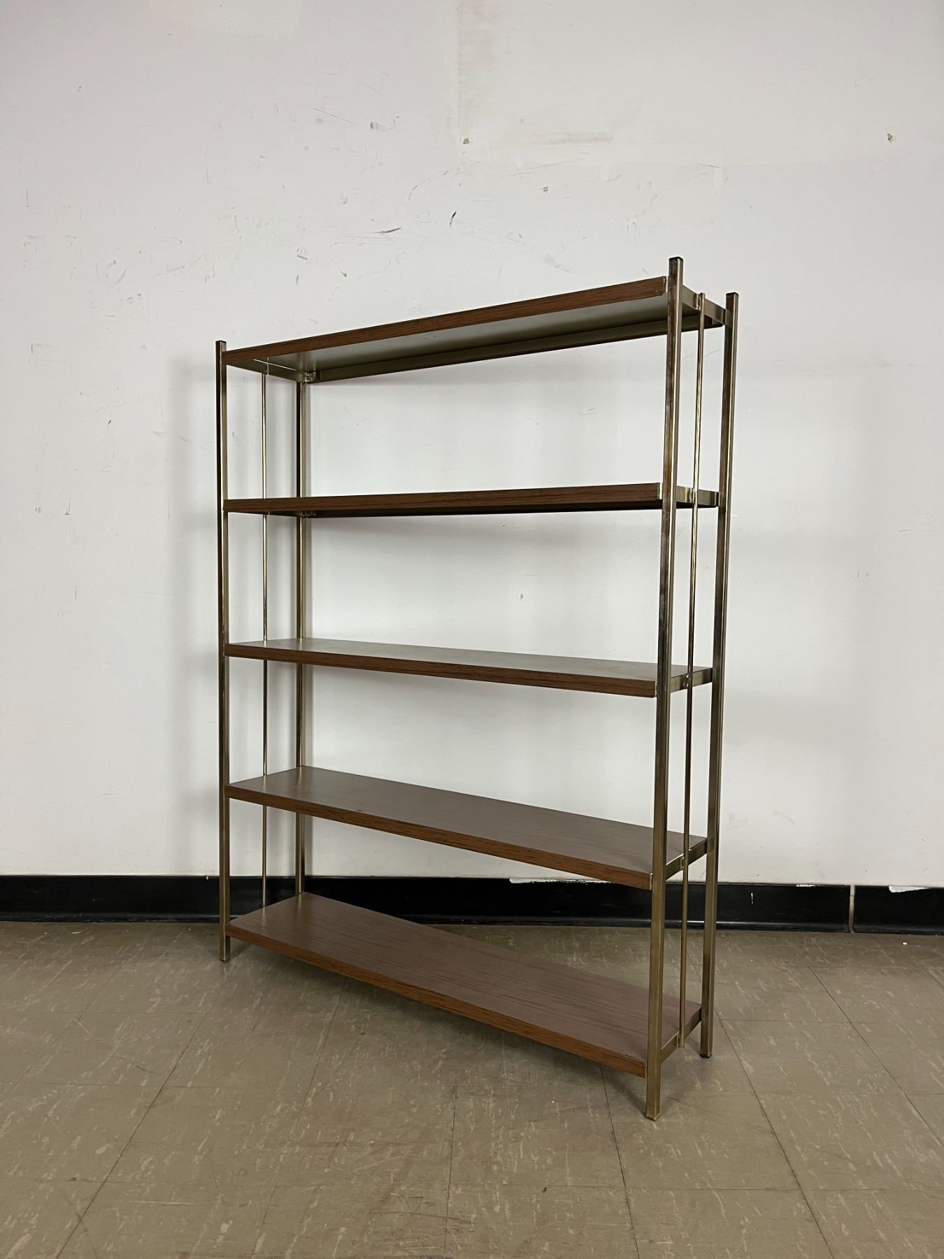 MCM shelf with brass frame and faux wood steel shelves. 37x9x48" tall ...