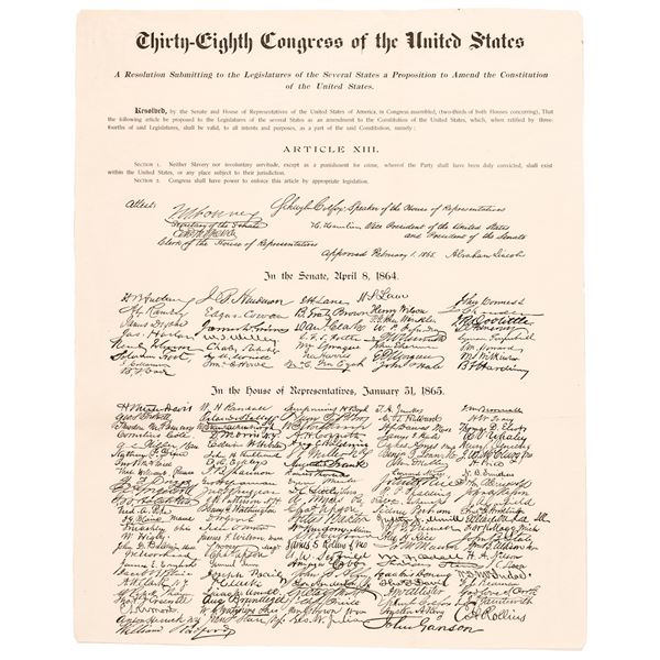 1865 13TH AMENDMENT UNITED STATES CONSTITUTION, Broadside Abolishing ...