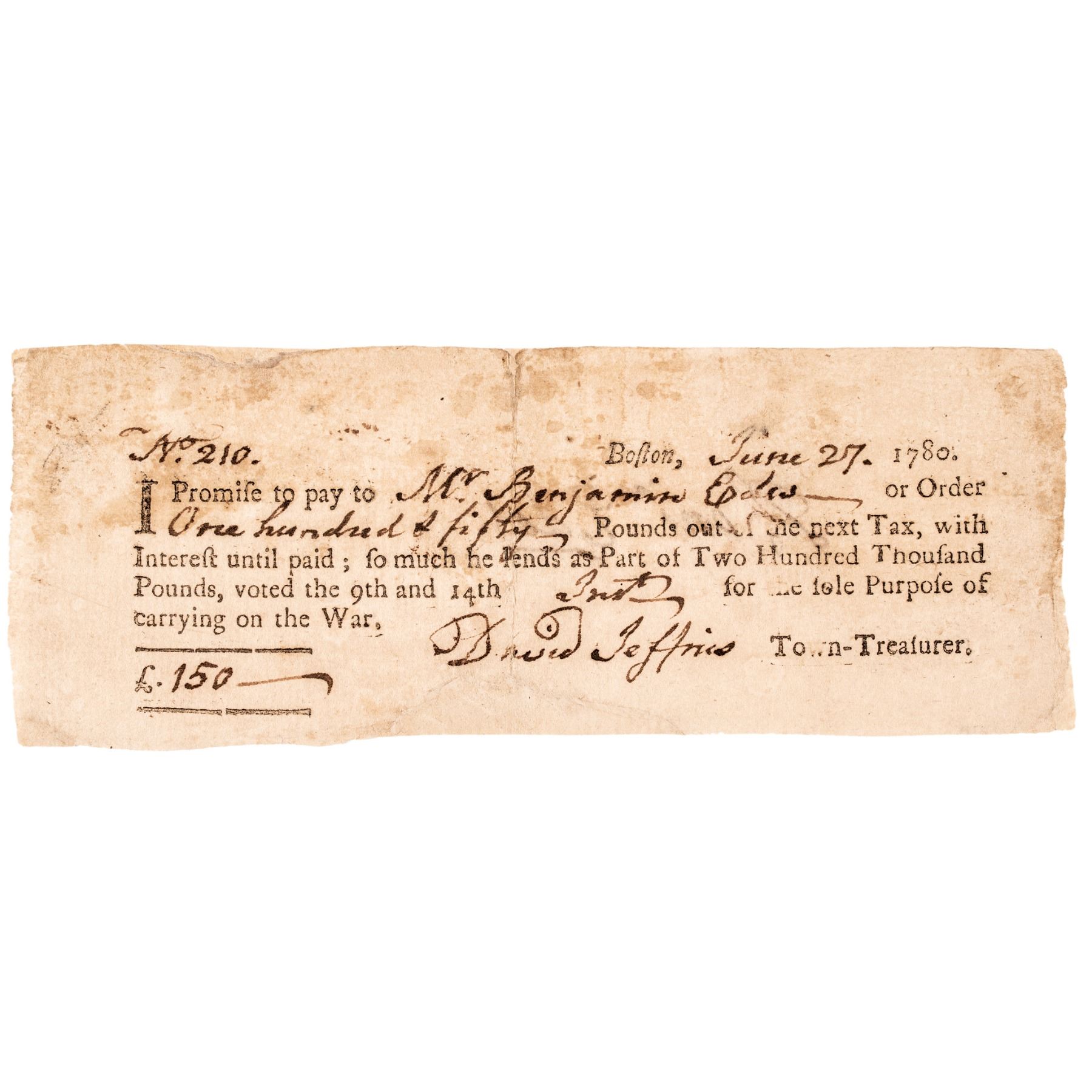 1780 BENJAMIN EDES Signed, Unlisted Boston Loan, FATHER OF THE BOSTON ...