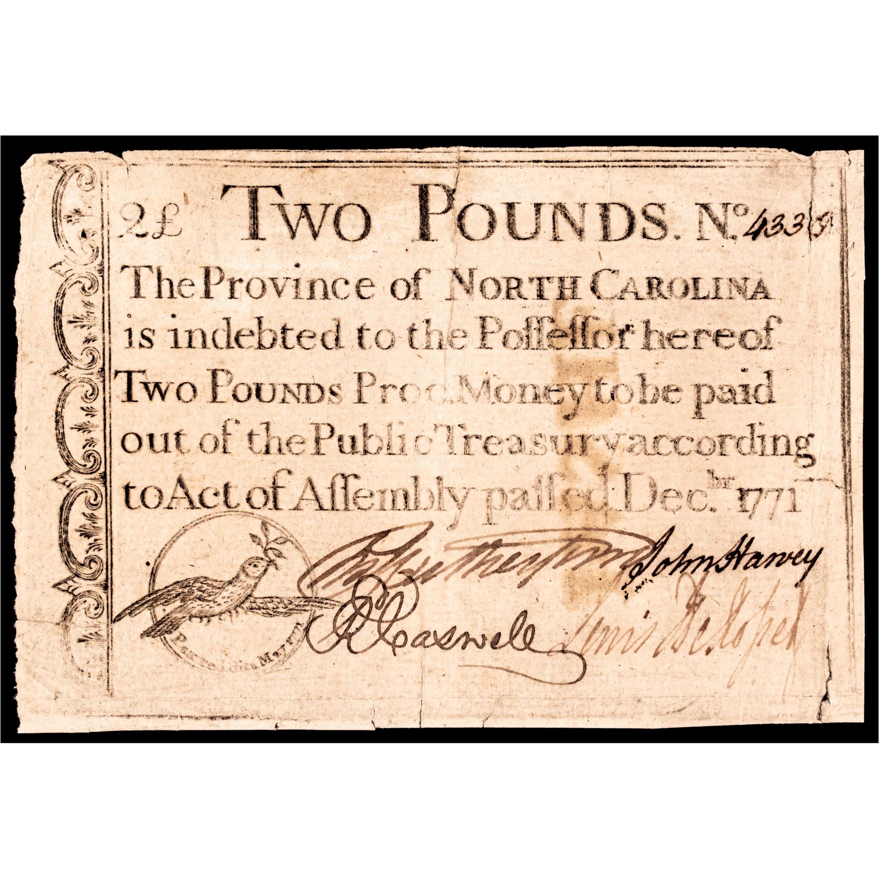Colonial Currency Note, North Carolina, Dec. 1771, 2 Pounds, Bird ...