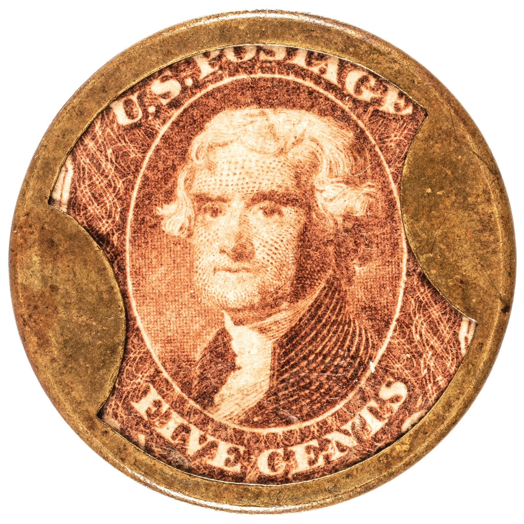 1862 Civil War Encased Postage Stamp Currency 5¢ GAGE BROTHERS + DRAKE Tremont House