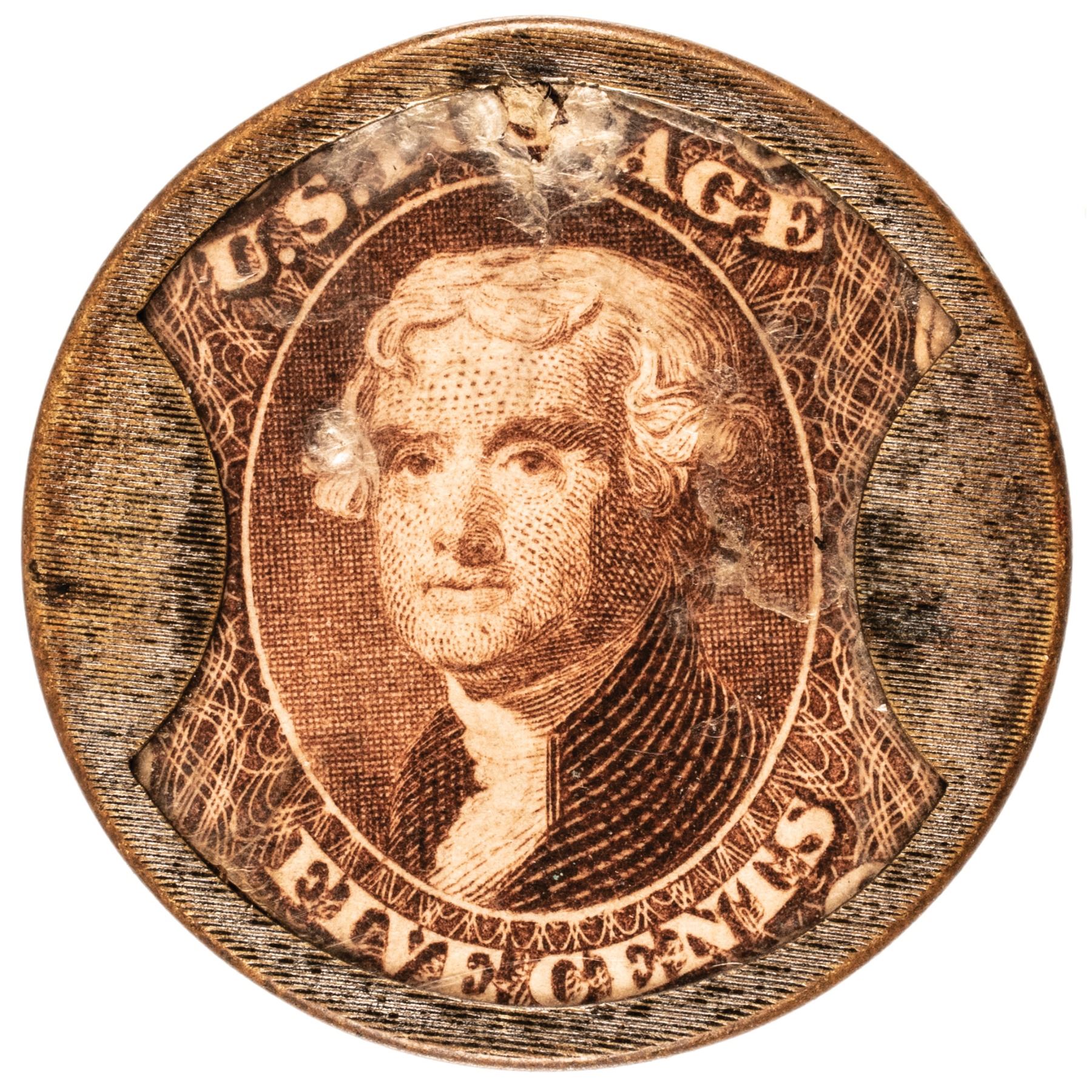 1862 Civil War Encased Postage Stamp Currency Ribbed 5¢ HUNT + NASH ...