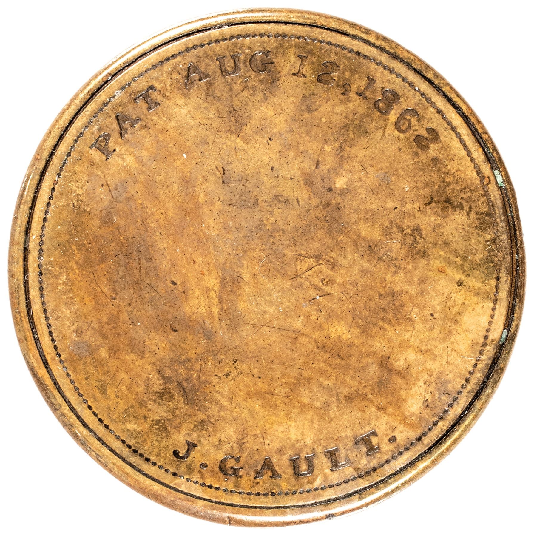 1862 Civil War Encased Postage Stamp Currency Ten Cents J. GAULT Ribbed ...