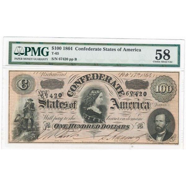 1864 $100 Confederate States of America Bank Note PMG CH. About UNC 58