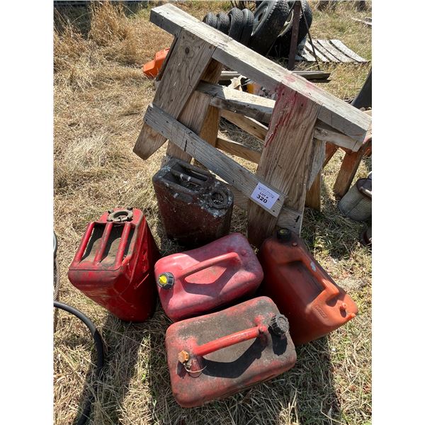 2 Army fuel cans, 3 Jerry cans & 2 saw horse