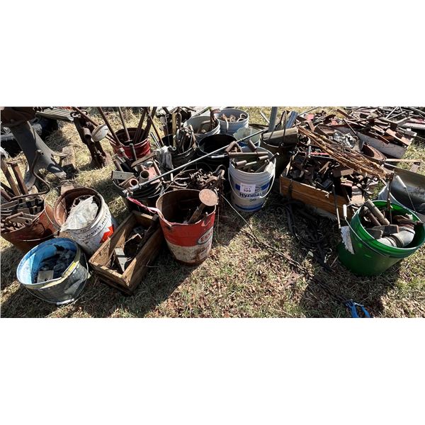 Large assortment of pales with metal & bolts including a bin band