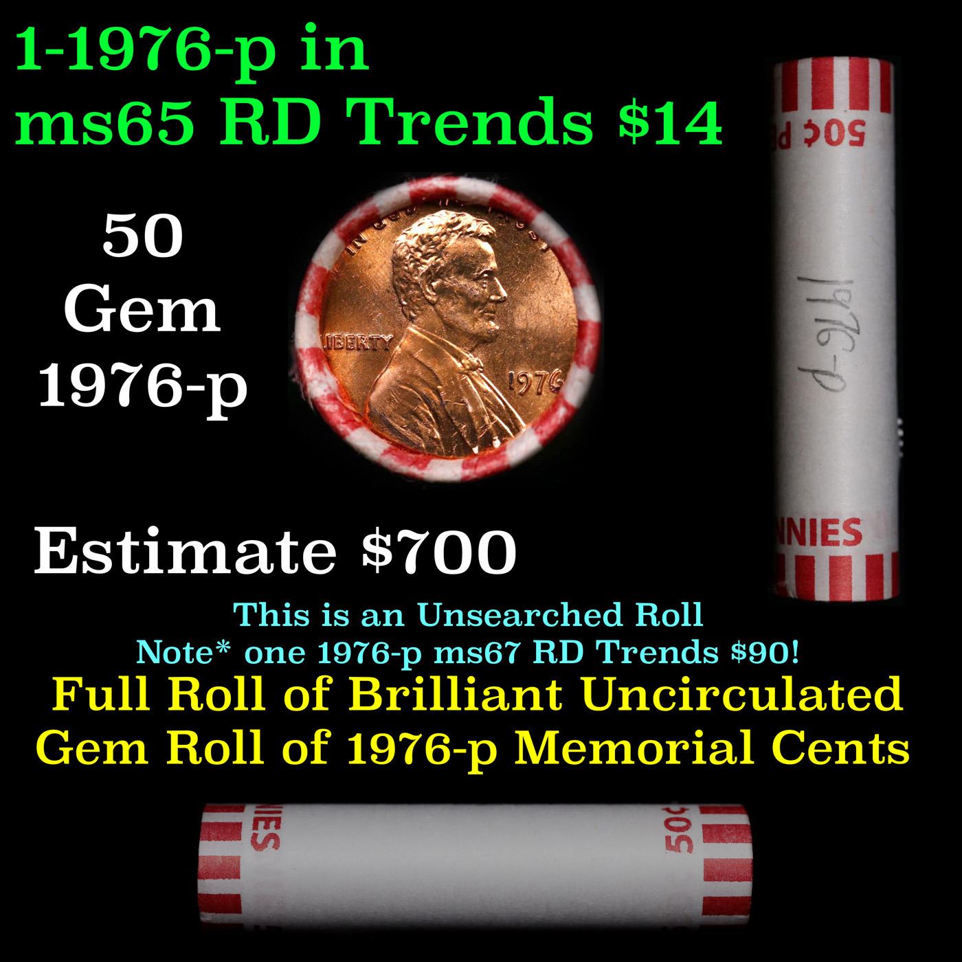 Shotgun Lincoln 1c roll, 1976-p 50 pcs Vintage Penny Wrapper.