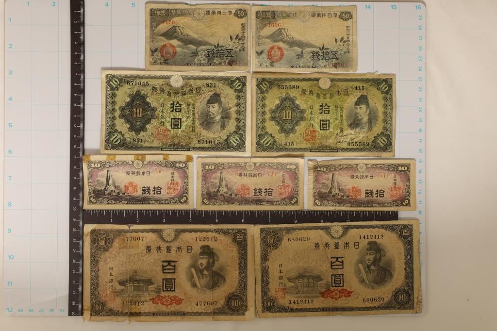 9-JAPANESE BILLS: 3-1930 TEN YEN, 2-1944-TEN YEN,