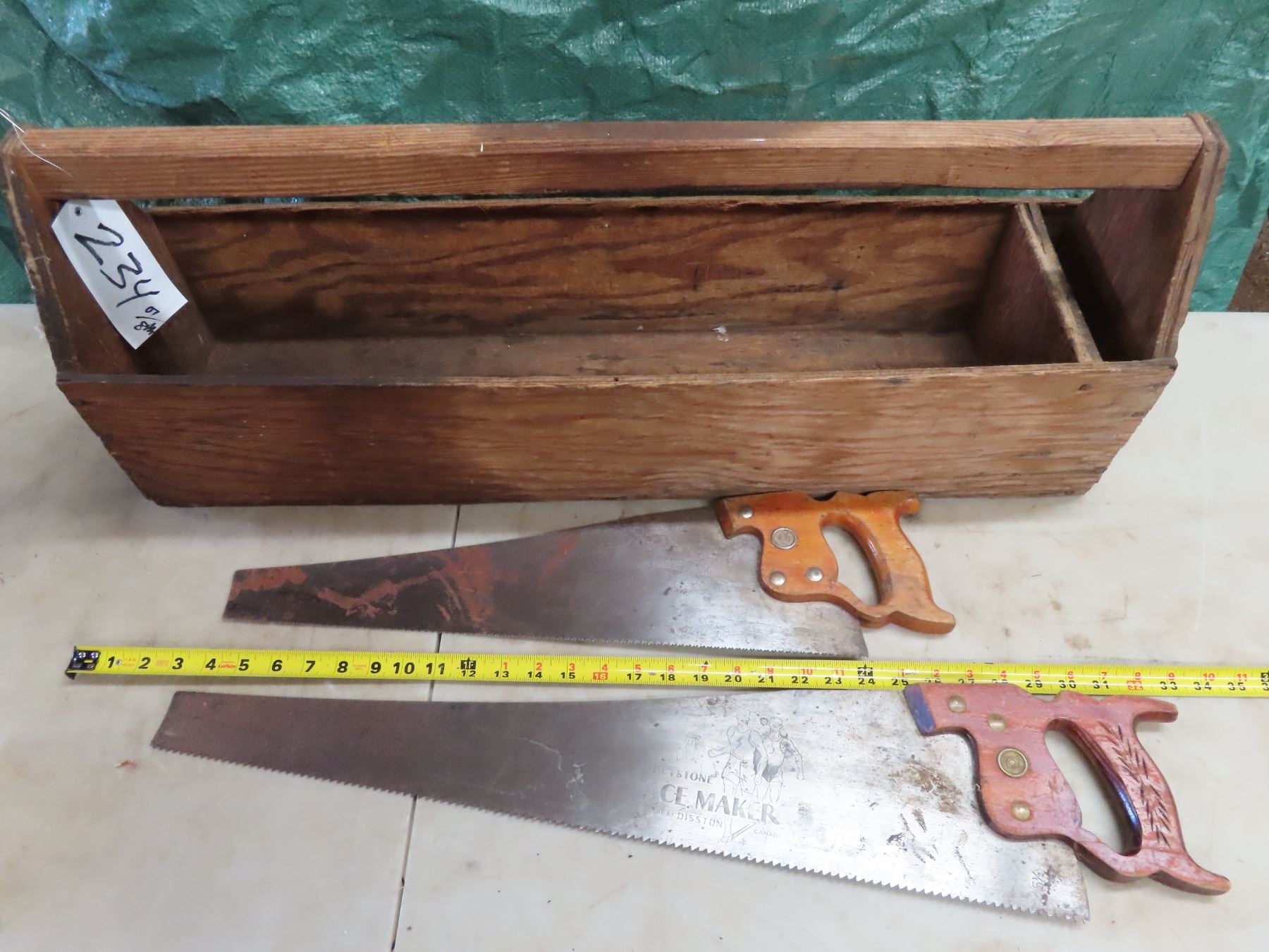 32"x 8"x 11.5" wooden tool box with 2 hand saws - with stamp markings ...